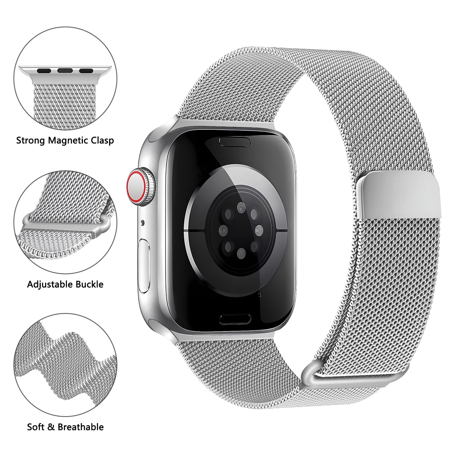 MYAPULUA Magnetic Loop Band for Apple Watch Series 9/ultra 2/SE 2nd/8/ultra/7/SE/6/5/4/3/2/1, 38mm-49mm, Stainless Steel, Mesh Loop, 4 Pack
