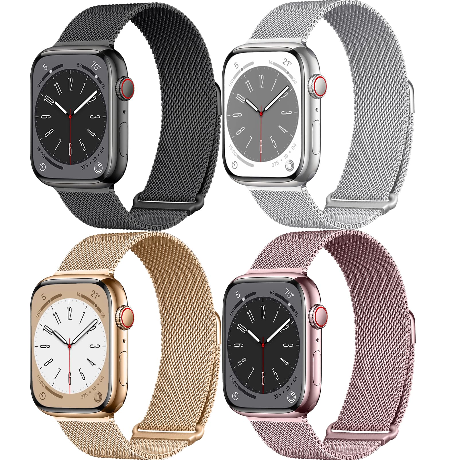 MYAPULUA Magnetic Loop Band for Apple Watch Series 9/ultra 2/SE 2nd/8/ultra/7/SE/6/5/4/3/2/1, 38mm-49mm, Stainless Steel, Mesh Loop, 4 Pack