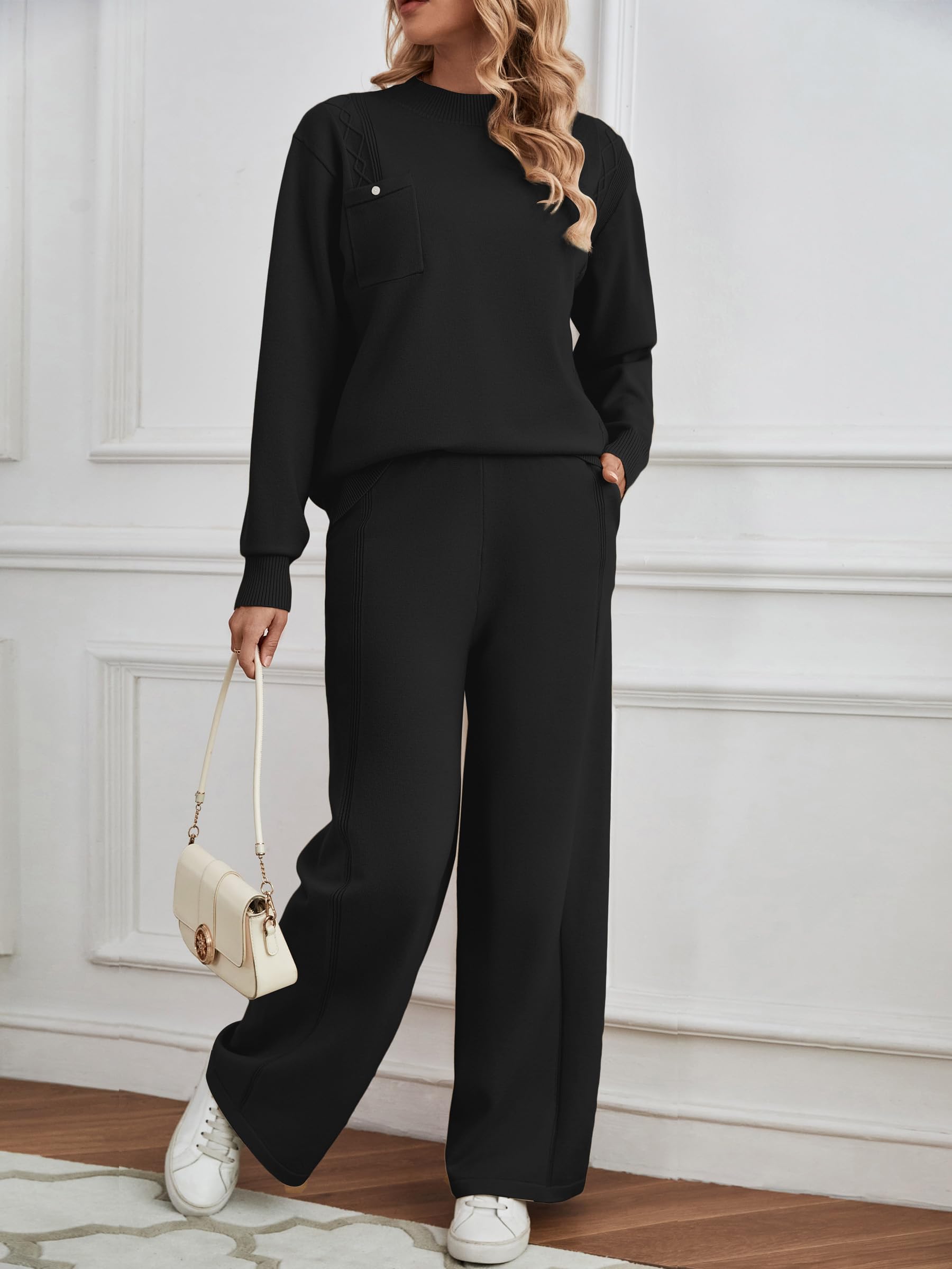 SuperPrity Lounge Sets for Women Two Piece Outfits Knit Sweater Top Wide Leg Pants Matching Sets Sweatsuits 2024 Fall Fashion-L,Black