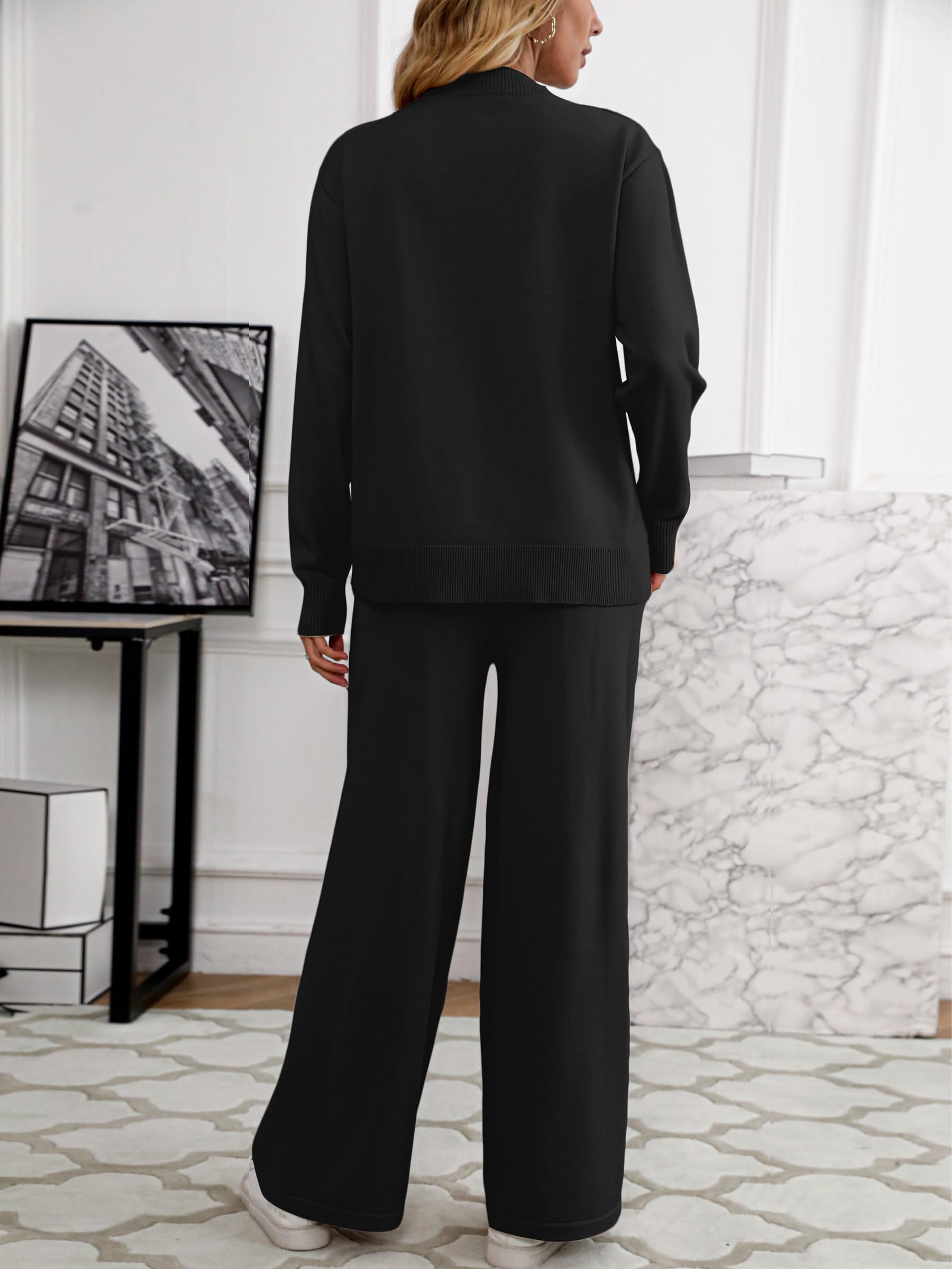 SuperPrity Lounge Sets for Women Two Piece Outfits Knit Sweater Top Wide Leg Pants Matching Sets Sweatsuits 2024 Fall Fashion-L,Black