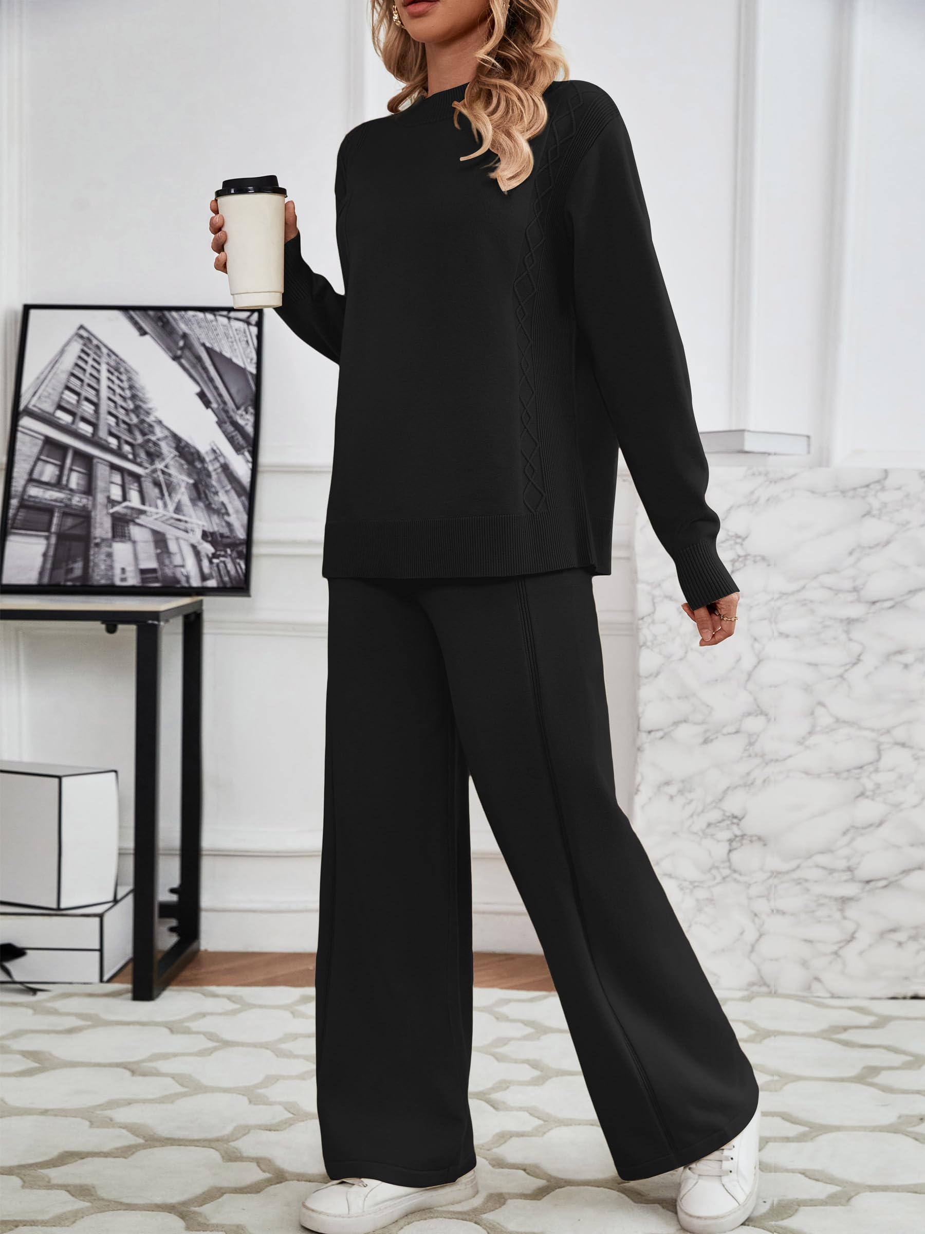 SuperPrity Lounge Sets for Women Two Piece Outfits Knit Sweater Top Wide Leg Pants Matching Sets Sweatsuits 2024 Fall Fashion-L,Black