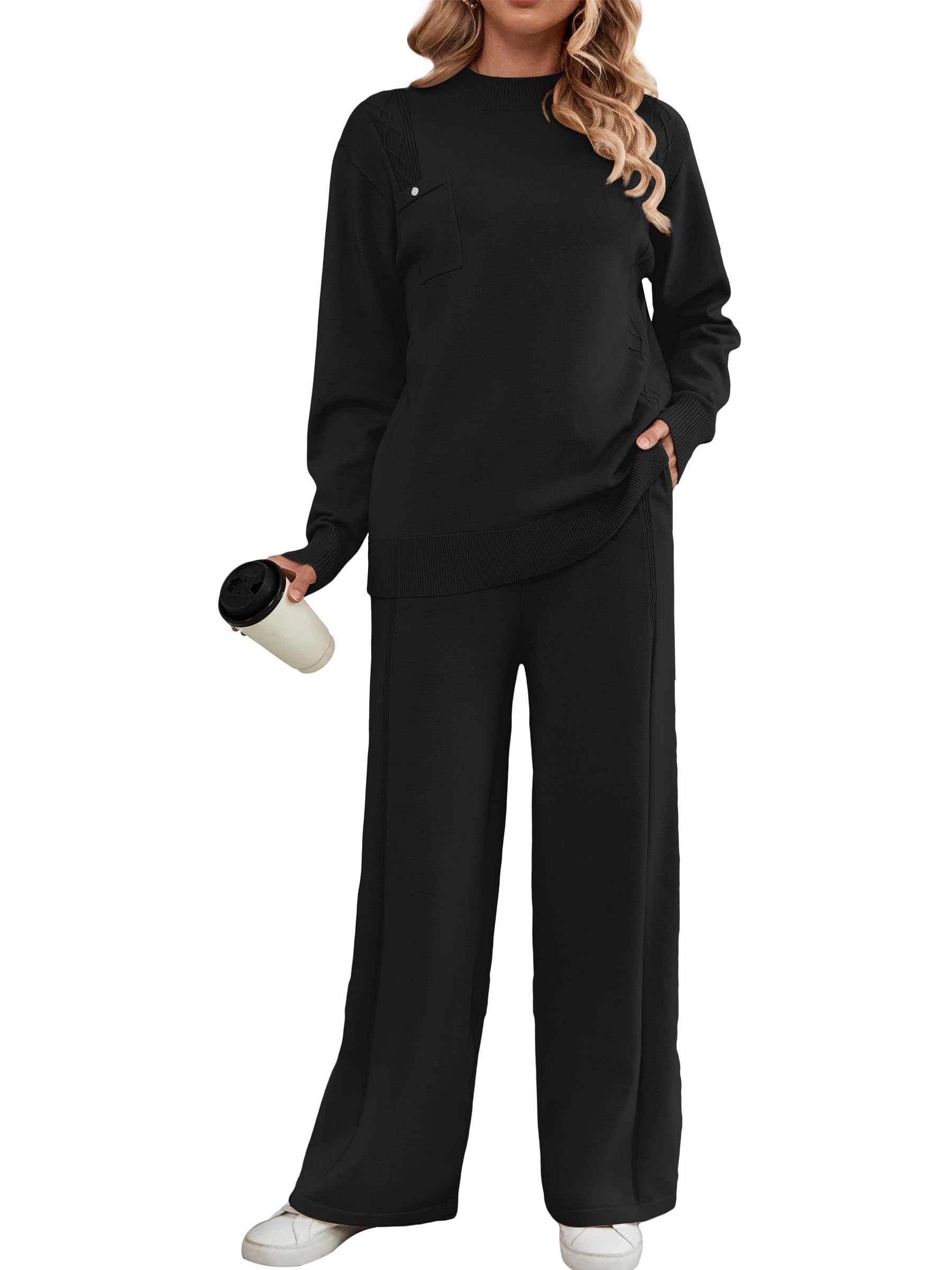 SuperPrity Lounge Sets for Women Two Piece Outfits Knit Sweater Top Wide Leg Pants Matching Sets Sweatsuits 2024 Fall Fashion-L,Black