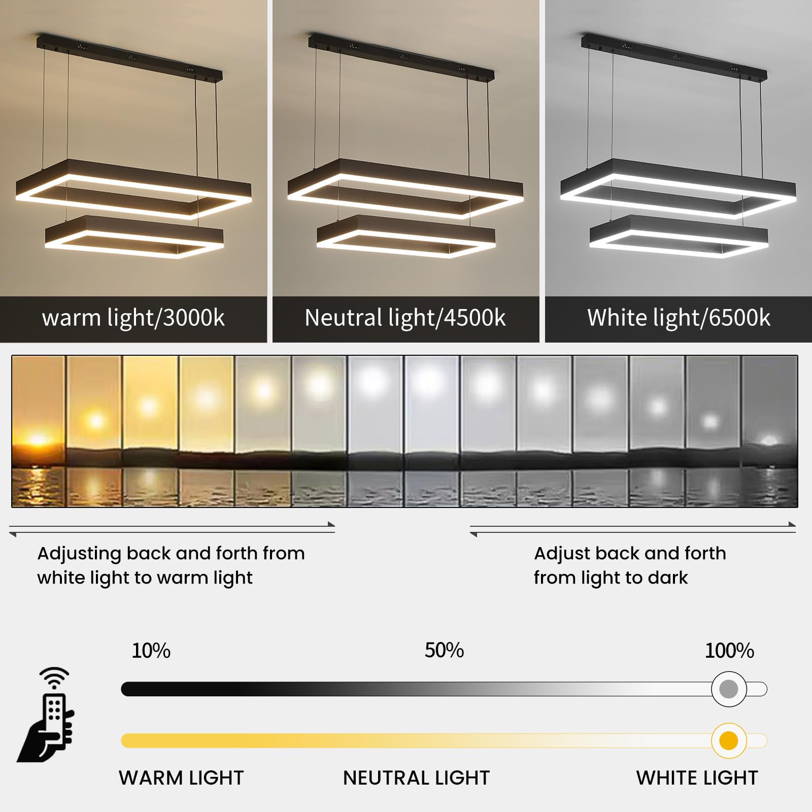 Modern Chandeliers for Living Room, 2-Ring Rectangles Pendant Light Kitchen Island Fixtures, Dimmable LED Chandelier for Dining Room Bedrooms, Black (40CM/60CM)