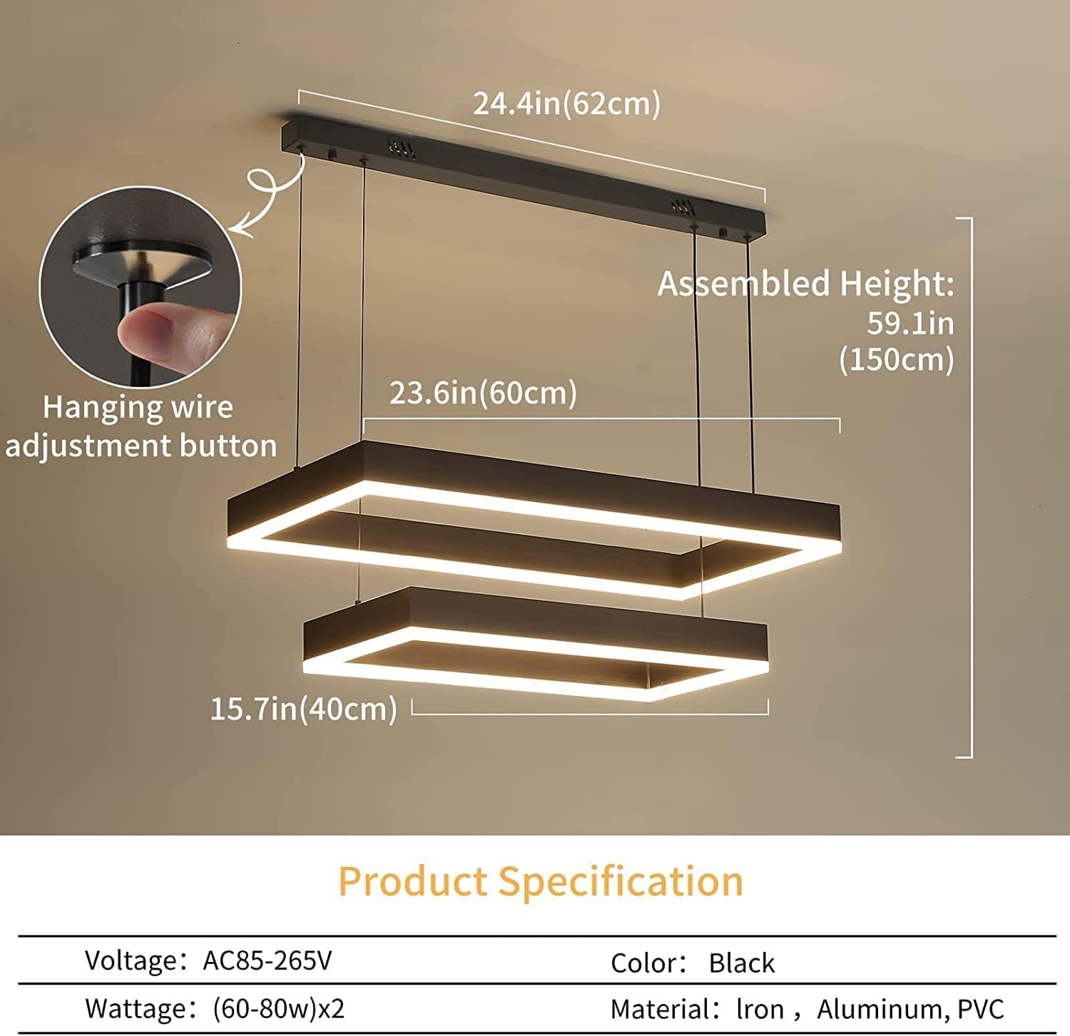 Modern Chandeliers for Living Room, 2-Ring Rectangles Pendant Light Kitchen Island Fixtures, Dimmable LED Chandelier for Dining Room Bedrooms, Black (40CM/60CM)