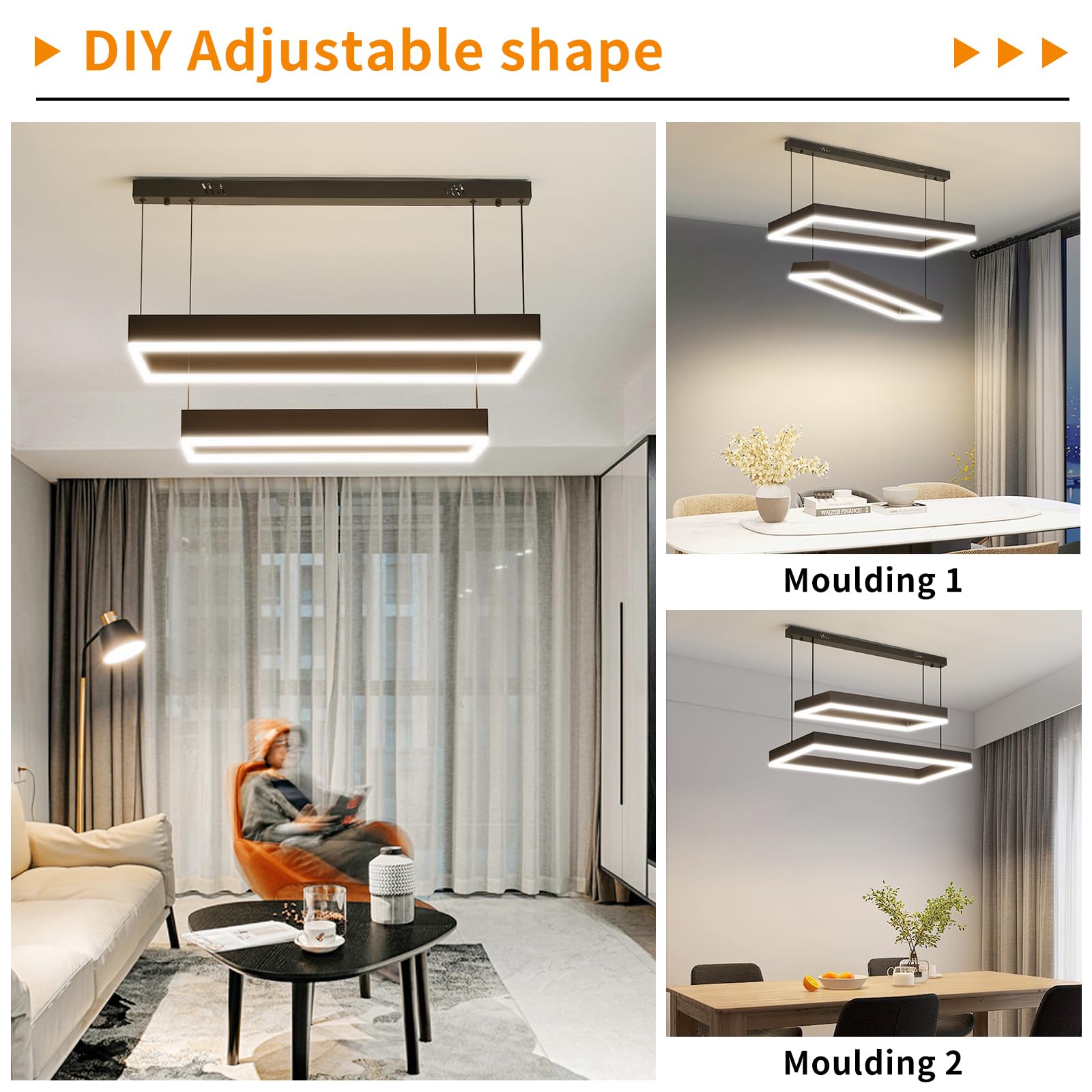 Modern Chandeliers for Living Room, 2-Ring Rectangles Pendant Light Kitchen Island Fixtures, Dimmable LED Chandelier for Dining Room Bedrooms, Black (40CM/60CM)