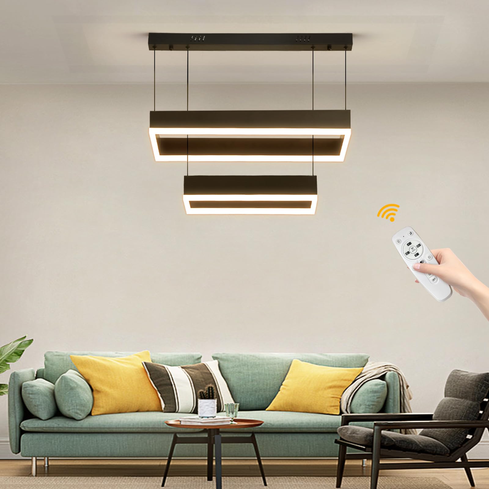 Modern Chandeliers for Living Room, 2-Ring Rectangles Pendant Light Kitchen Island Fixtures, Dimmable LED Chandelier for Dining Room Bedrooms, Black (40CM/60CM)