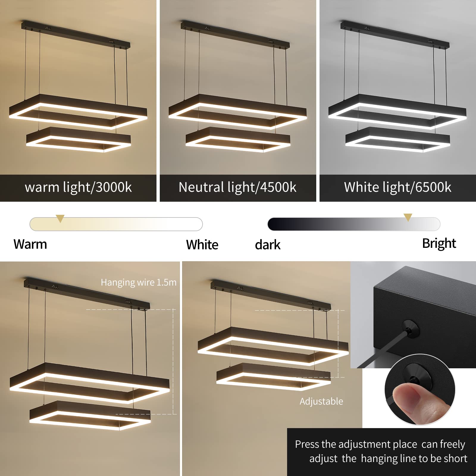 Modern Chandeliers for Living Room, 2-Ring Rectangles Pendant Light Kitchen Island Fixtures, Dimmable LED Chandelier for Dining Room Bedrooms, Black (40CM/60CM)