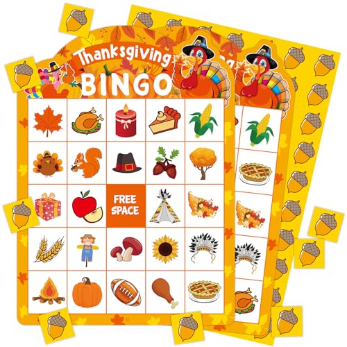 OUNENO Thanksgiving Bingo Game Cards - 30 Player Party Game for Family, Classroom, and Birthday Celebrations