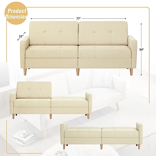 HoynPuko Modern Sofa Bed Breathable Linen Fabric Convertible Loveseat Couch with Wooden Legs and Adjustable Backrest for Office Living Room Apartment, 77" W x 32" D x 34" H Beige