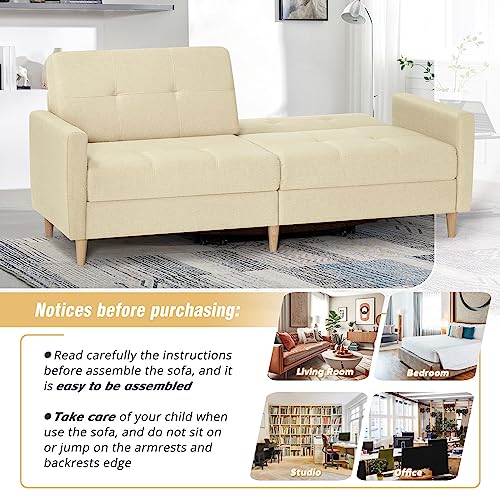 HoynPuko Modern Sofa Bed Breathable Linen Fabric Convertible Loveseat Couch with Wooden Legs and Adjustable Backrest for Office Living Room Apartment, 77" W x 32" D x 34" H Beige