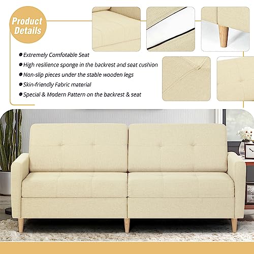 HoynPuko Modern Sofa Bed Breathable Linen Fabric Convertible Loveseat Couch with Wooden Legs and Adjustable Backrest for Office Living Room Apartment, 77" W x 32" D x 34" H Beige