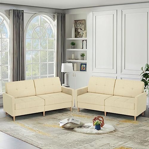 HoynPuko Modern Sofa Bed Breathable Linen Fabric Convertible Loveseat Couch with Wooden Legs and Adjustable Backrest for Office Living Room Apartment, 77" W x 32" D x 34" H Beige