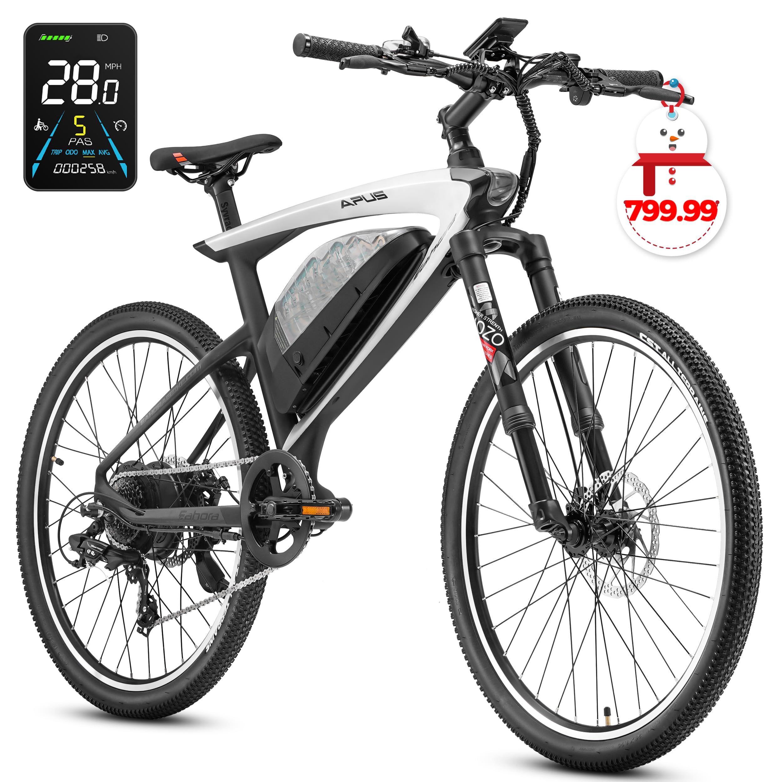 eAhora APUS 2023 Peak 1000W Electric Bike 15AH Battery 26'' Carbon Fiber Electric Bike, 7-Speed Gears 30MPH Ebike,Color Display with USB Port