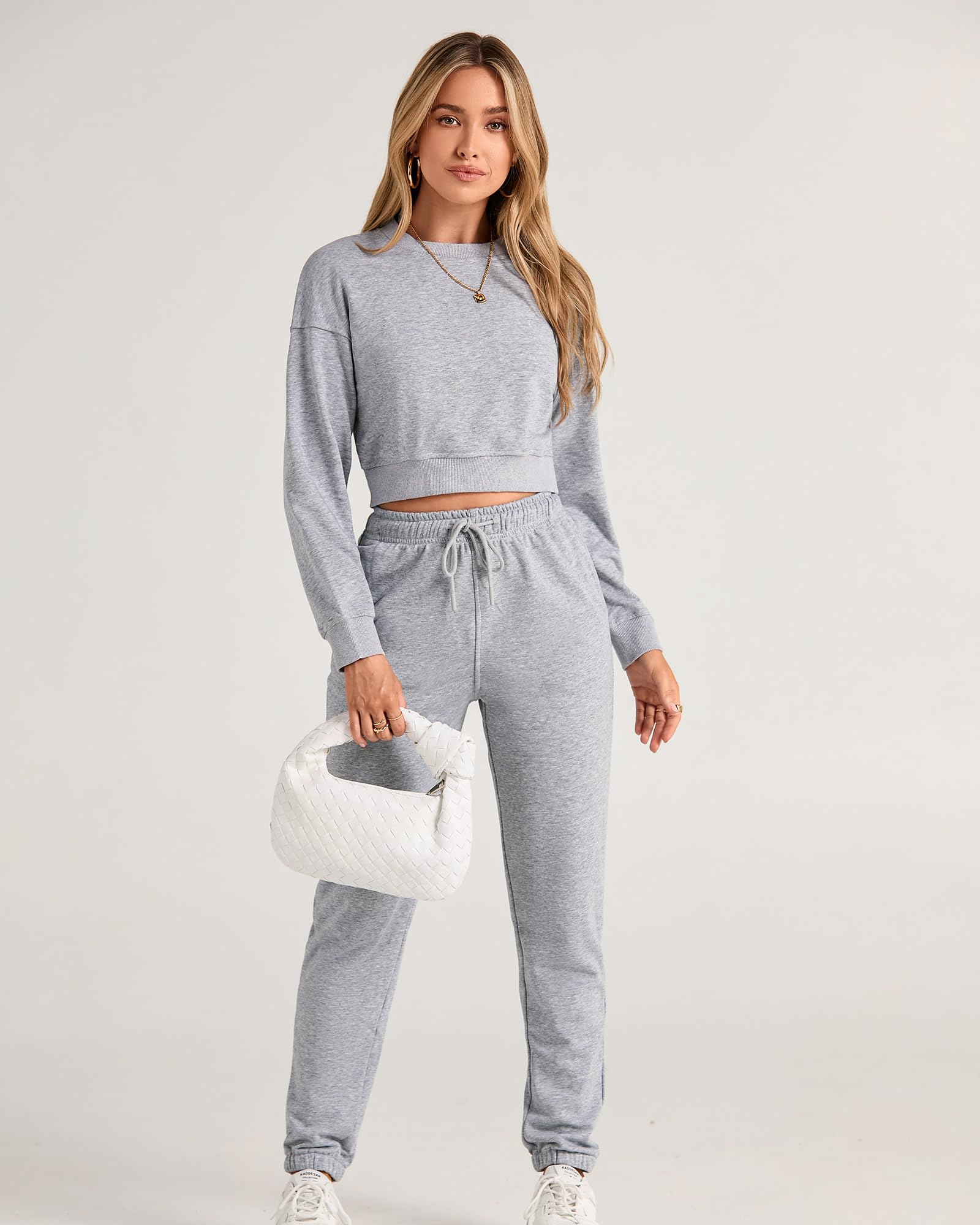 BTFBM Women 2 Piece Outfits Long Sleeve Crop Top Pullover Drawstring Pant Jogger Set Casual Sweatsuits Tracksuit Pockets(Grey, Small)