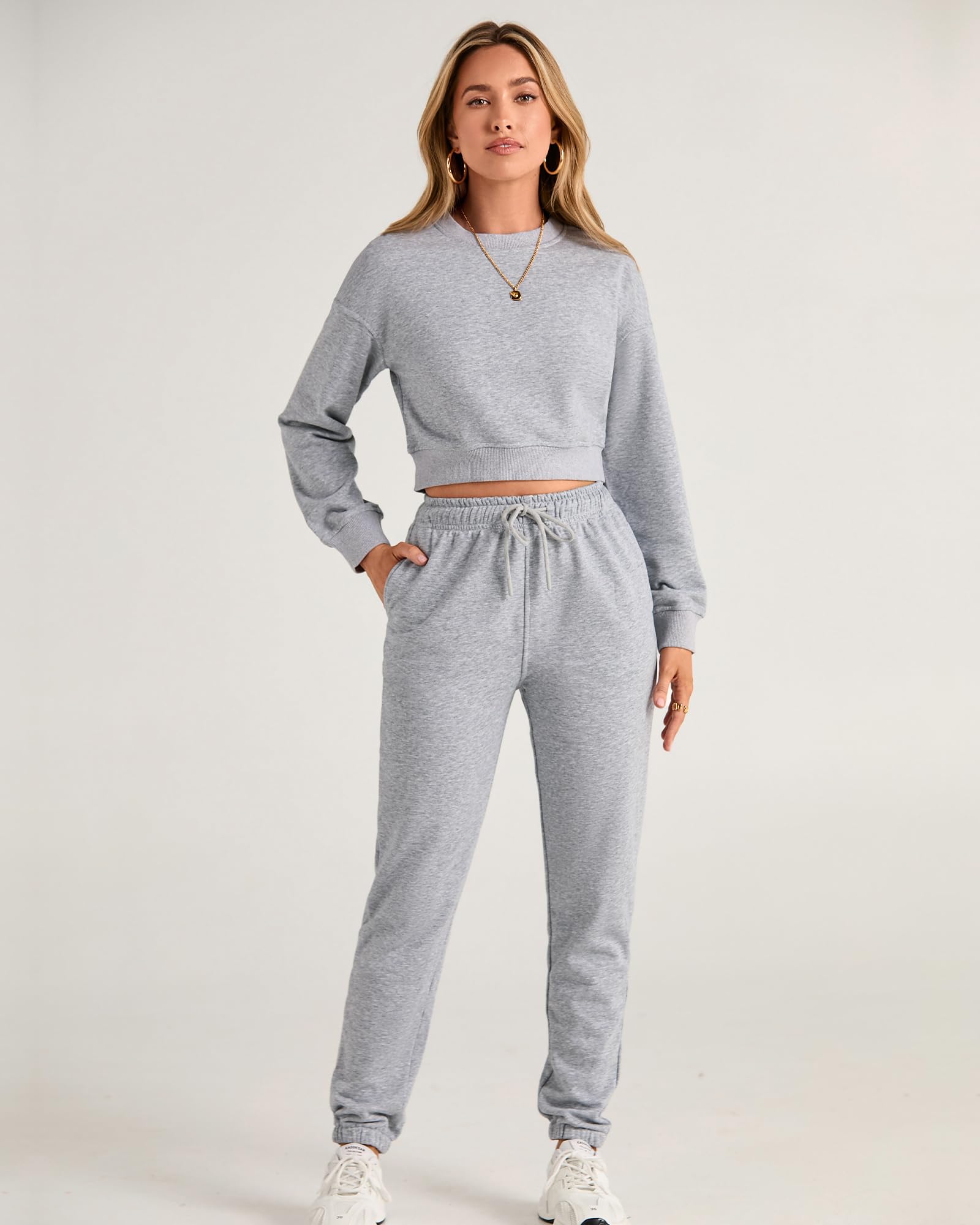 BTFBM Women 2 Piece Outfits Long Sleeve Crop Top Pullover Drawstring Pant Jogger Set Casual Sweatsuits Tracksuit Pockets(Grey, Small)