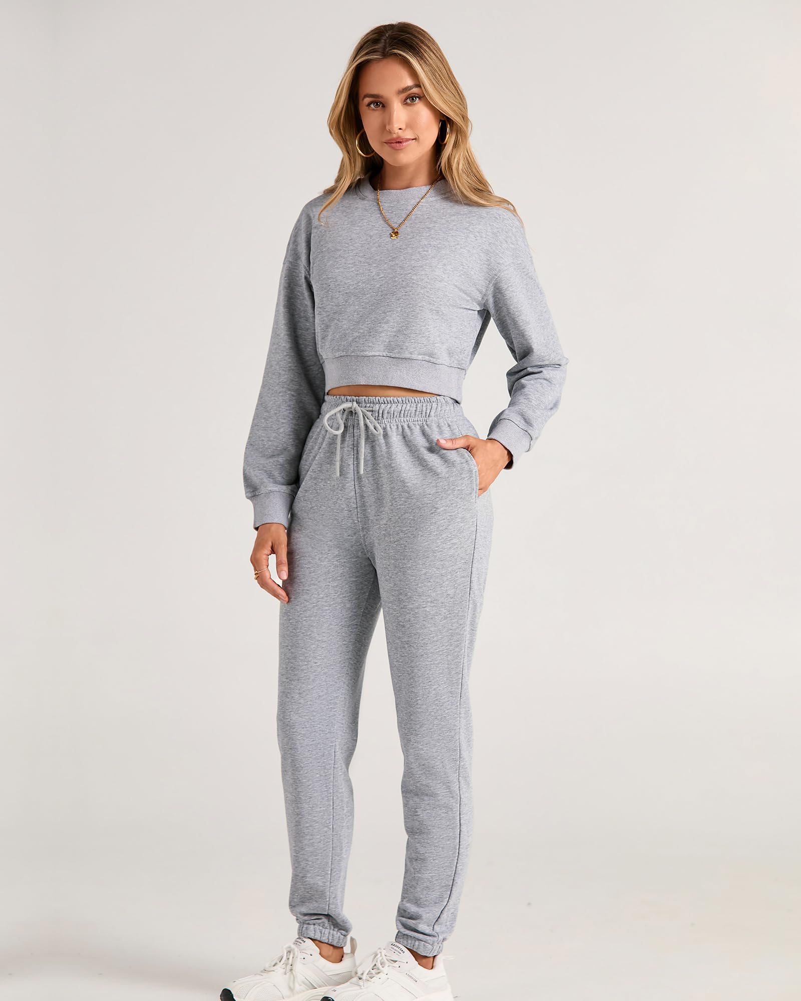 BTFBM Women 2 Piece Outfits Long Sleeve Crop Top Pullover Drawstring Pant Jogger Set Casual Sweatsuits Tracksuit Pockets(Grey, Small)