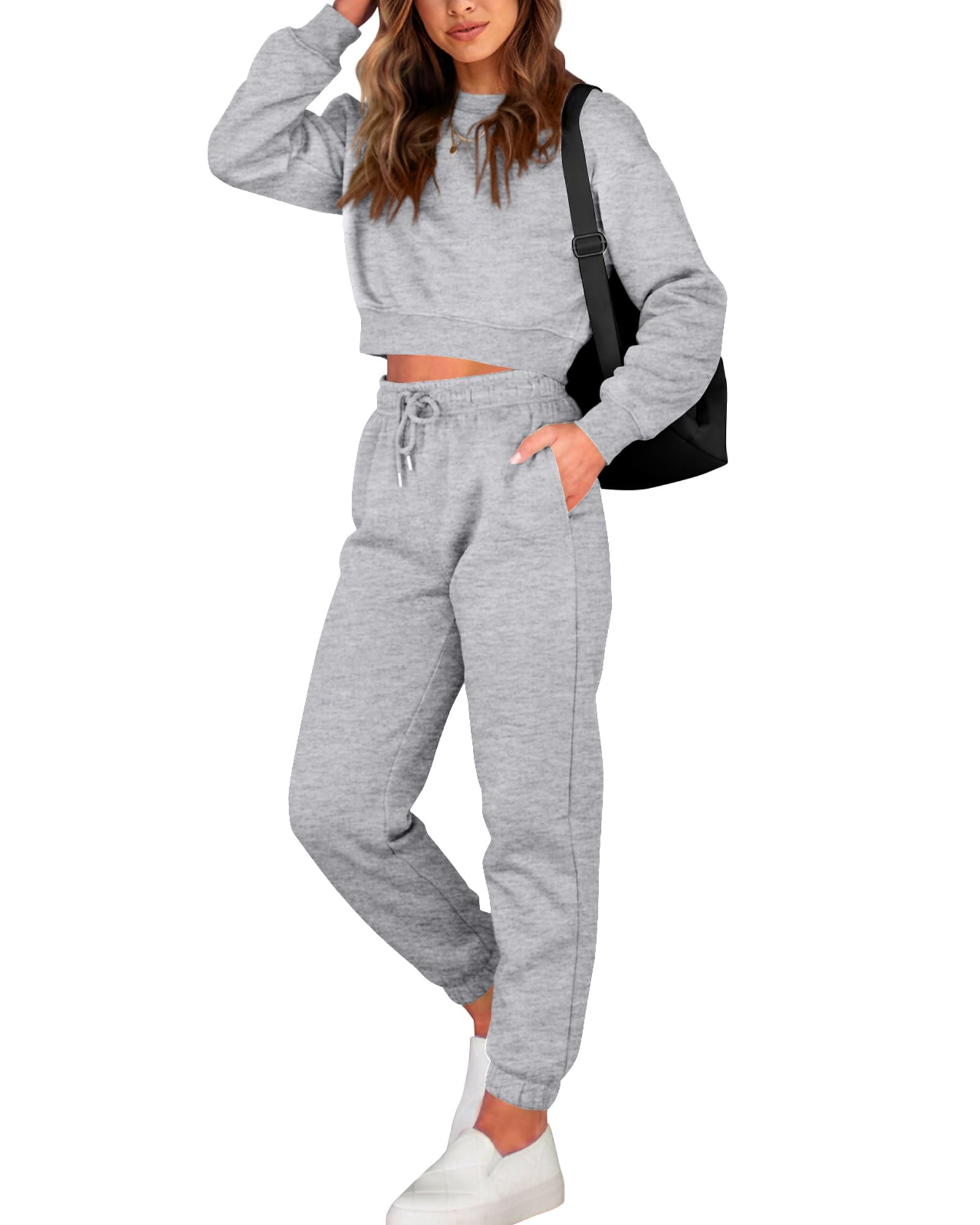 BTFBM Women 2 Piece Outfits Long Sleeve Crop Top Pullover Drawstring Pant Jogger Set Casual Sweatsuits Tracksuit Pockets(Grey, Small)