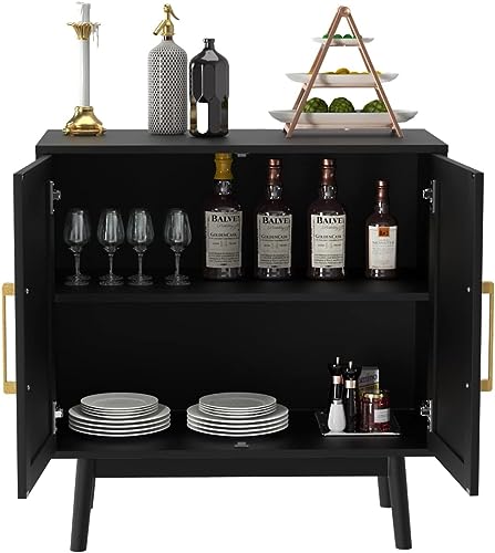 RESOM Black Rattan Accent Storage Cabinet, Sideboard Buffet Cabinet with Rattan Doors, Modern Wood Cabinet for Living Room, Dining Room, Kitchen, Entryway and Hallway