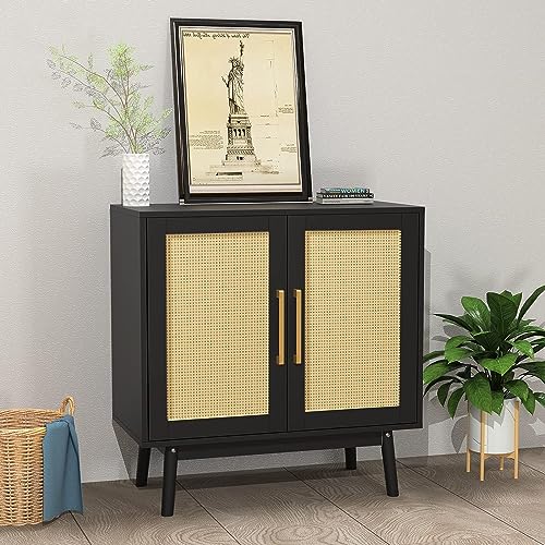 RESOM Black Rattan Accent Storage Cabinet, Sideboard Buffet Cabinet with Rattan Doors, Modern Wood Cabinet for Living Room, Dining Room, Kitchen, Entryway and Hallway