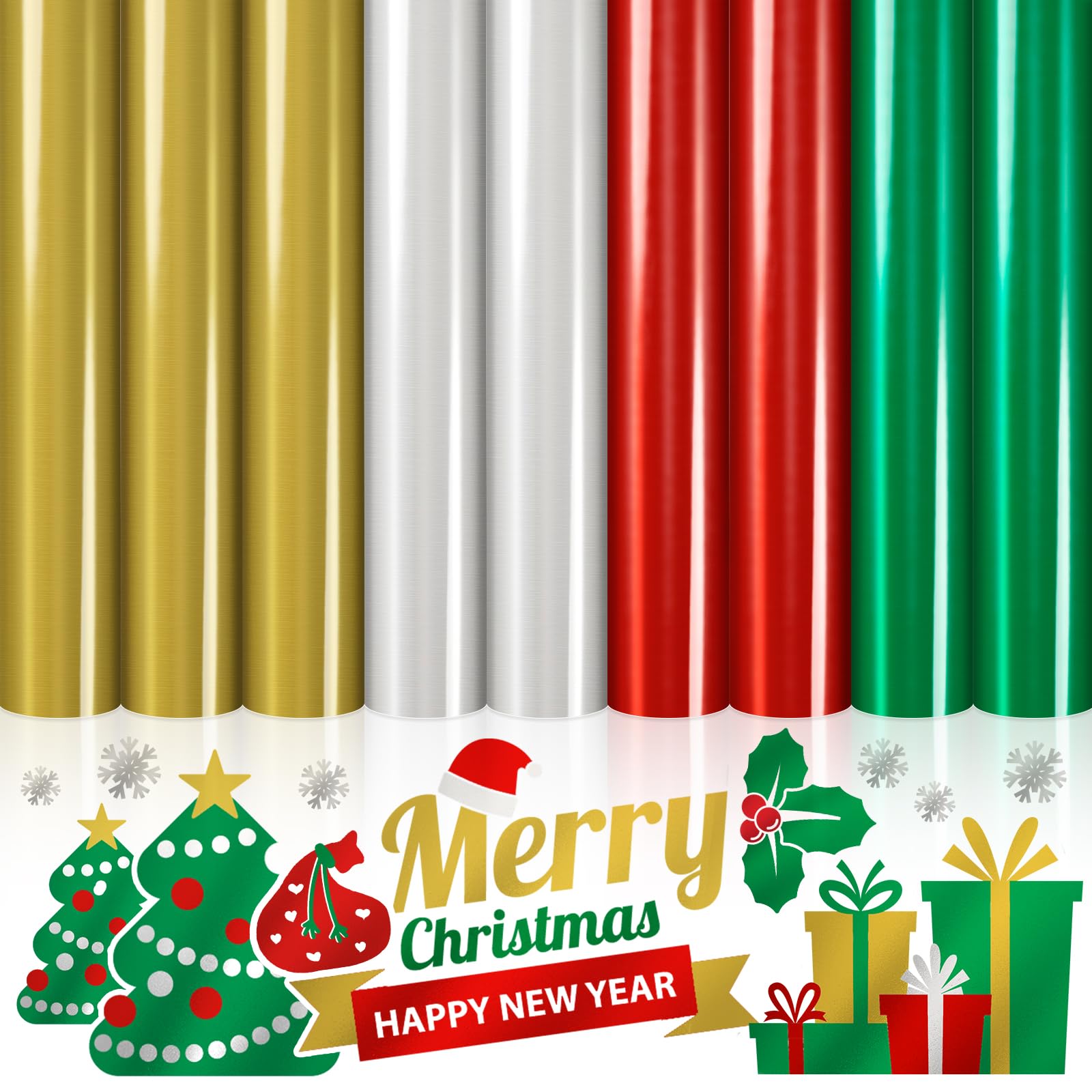 Whaline 9 Sheet Christmas Heat Transfer Vinyl 4 Colors Xmas Iron on Vinyl Red Green Golden Silver Printed HTV Adhesive Craft Vinyl for Clothing Costume DIY Fabric Craft, 9.6 x 11.8 Inch
