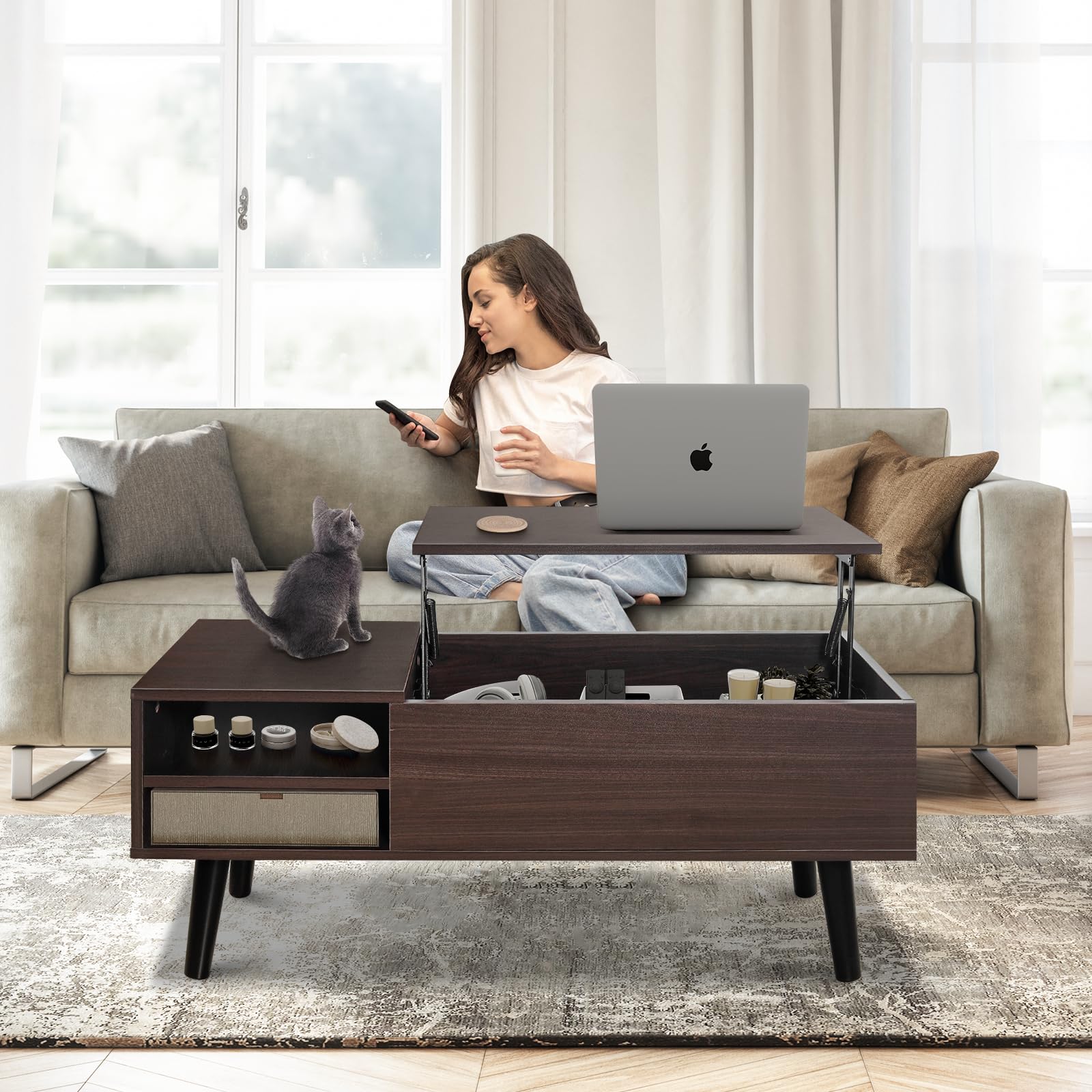 Ktoinpo Lift Top Coffee Table for Living Room, Wood Center Dining Table with Hidden Compartment Storage, Modern Adjustable Teas Tables Home Office Medieval Furniture Grey