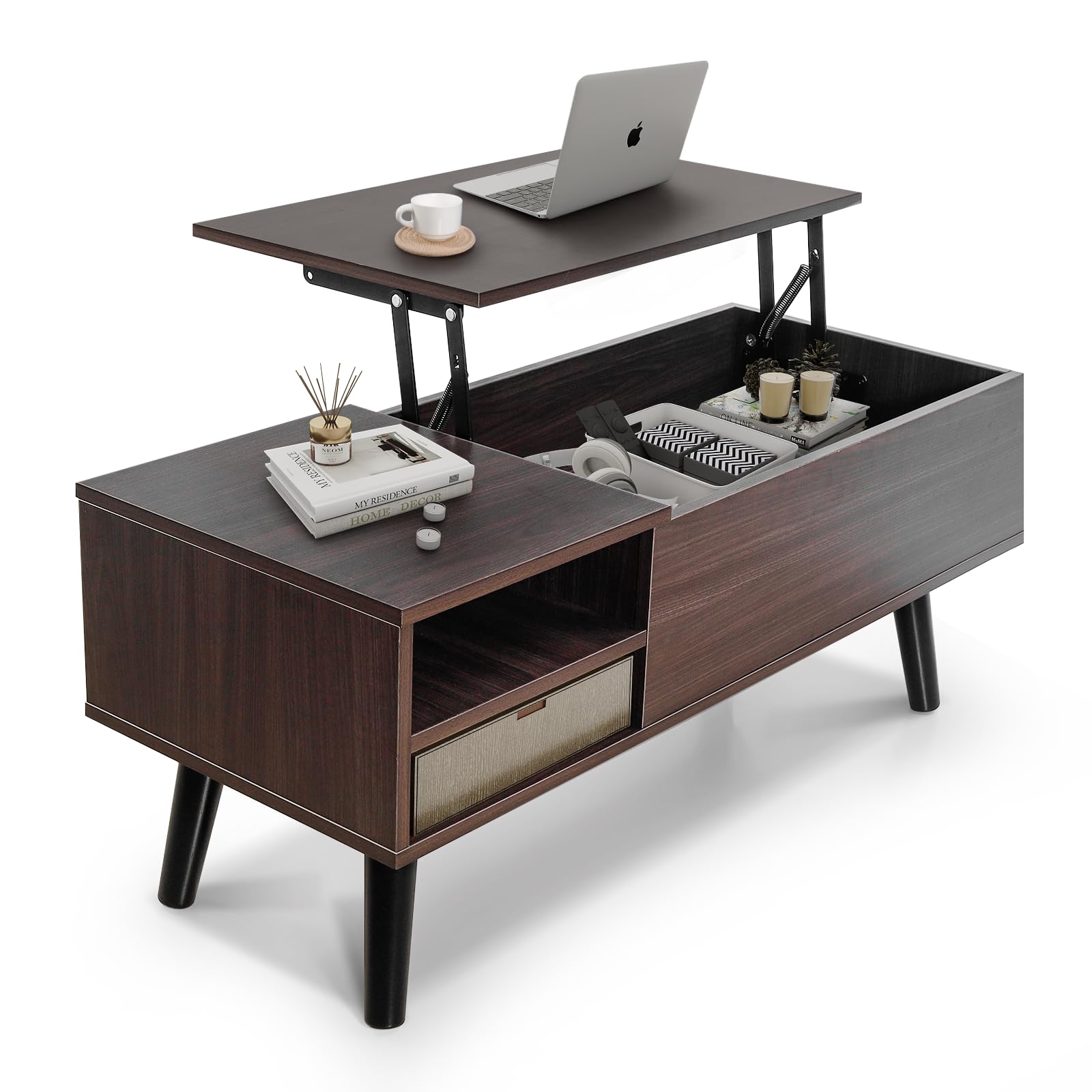 Ktoinpo Lift Top Coffee Table for Living Room, Wood Center Dining Table with Hidden Compartment Storage, Modern Adjustable Teas Tables Home Office Medieval Furniture Grey