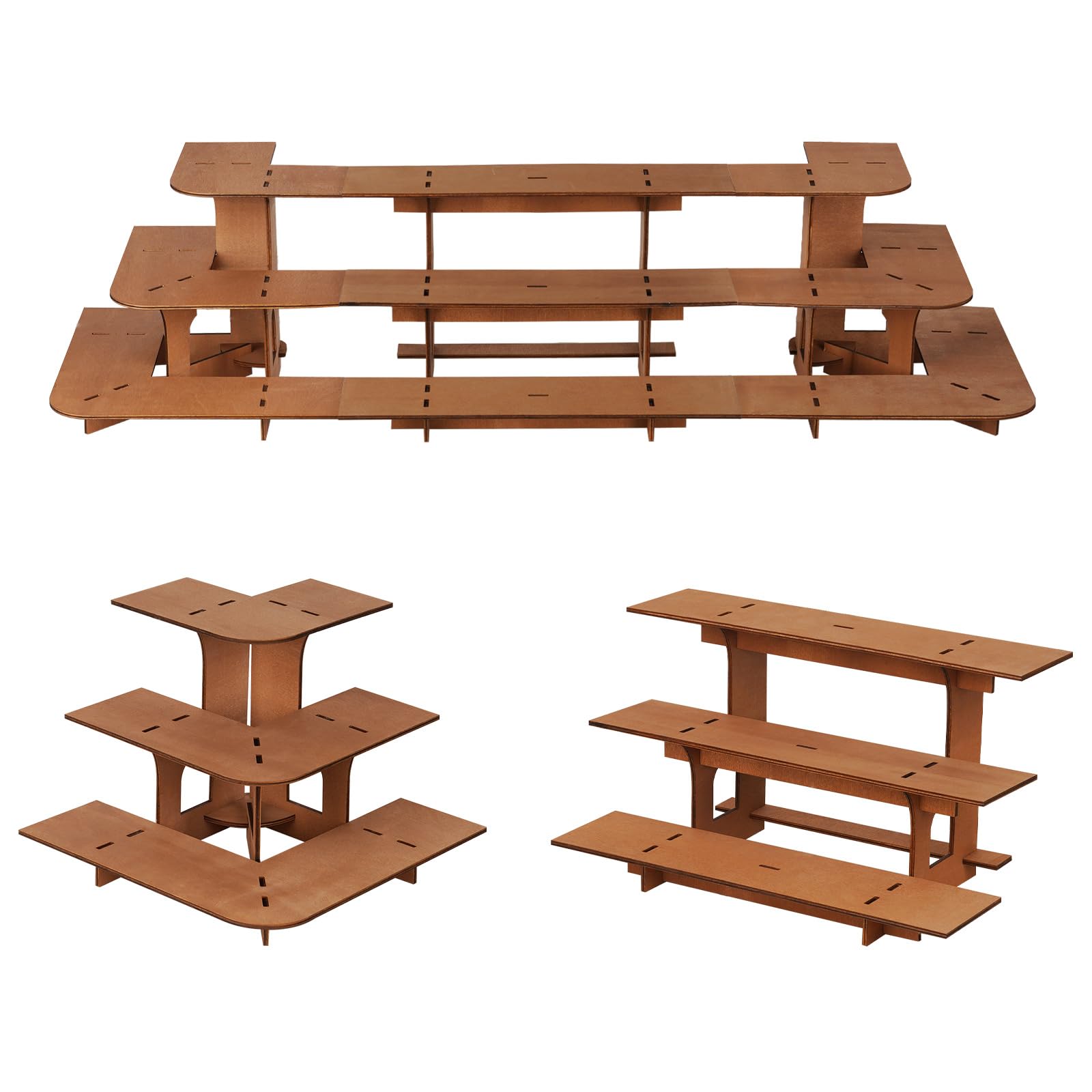 Flenpptly Retail Display Shelves - Wooden Portable Shelf Rack, 3 Tiers, Counter Top Display Stand for Vendors, Craft Show, Farmers Market, Store (2 Corner + 1 Straight)