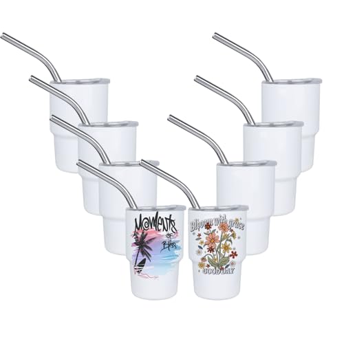 Joytra 8 Pack 3 oz Sublimation Mini Tumbler Shot Glass,Double Wall Vacuum Sealed Stainless Steel Insulated Cups with Lid and Straw,Thermos Travel Coffee Mug For Cocktail,Whiskey,Bar,White