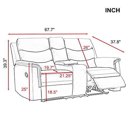 FULife 2 Seaters Manual Wall Hugger Chair RV Sofa Loveseat Sofá,PU Leather Double Reclining Sectional Couch with Cup Holders&Center Console for Living Room/Apartment/Office/Theater