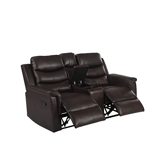 FULife 2 Seaters Manual Wall Hugger Chair RV Sofa Loveseat Sofá,PU Leather Double Reclining Sectional Couch with Cup Holders&Center Console for Living Room/Apartment/Office/Theater