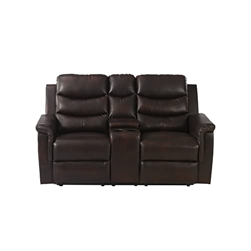 FULife 2 Seaters Manual Wall Hugger Chair RV Sofa Loveseat Sofá,PU Leather Double Reclining Sectional Couch with Cup Holders&Center Console for Living Room/Apartment/Office/Theater