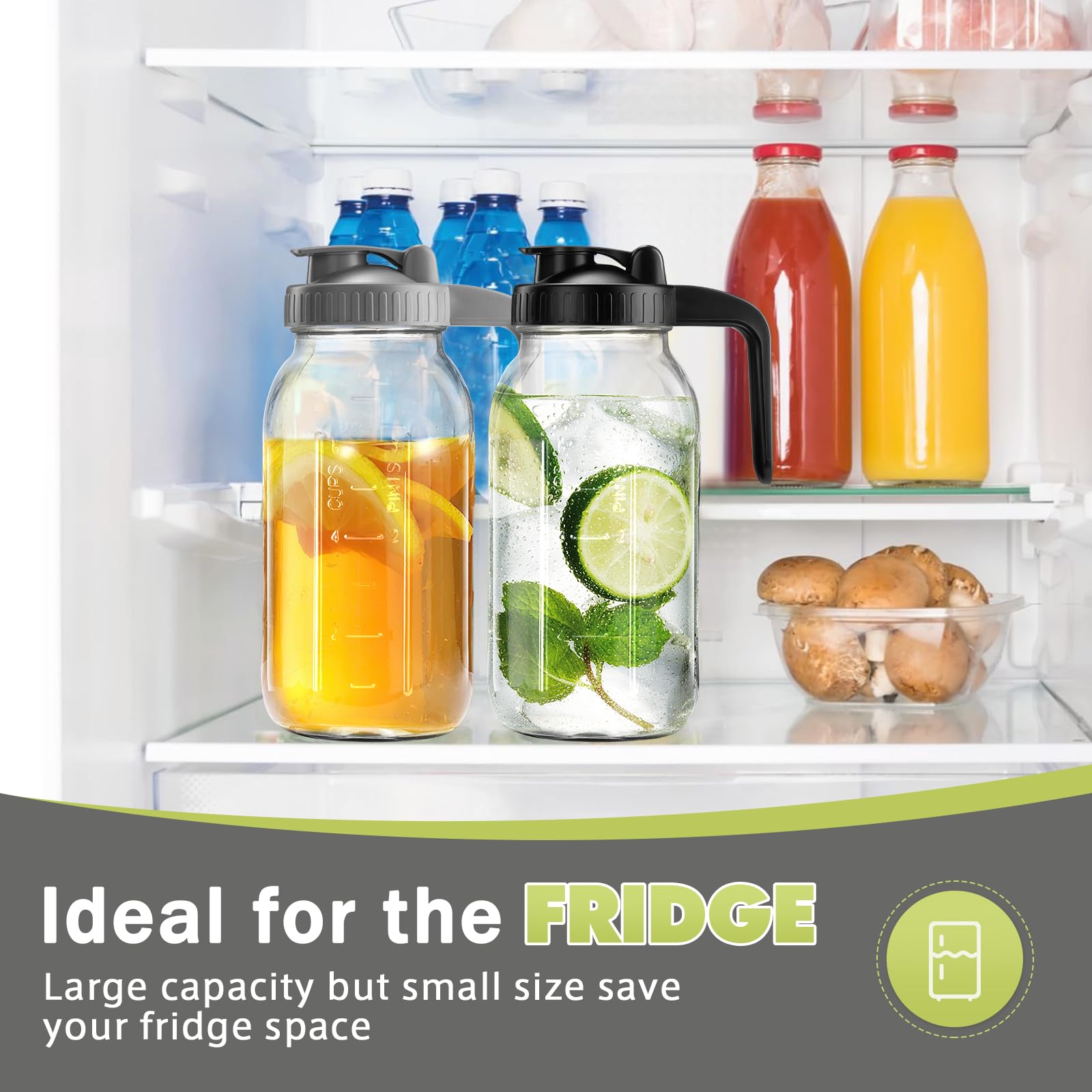 Mason Jar with Pour Spout Lid V-shaped, 64 oz Iced Tea Pitcher with Lids Double Leak Proof, 2 Quart Drink Pitcher for Breastmilk, Sun Tea, Juice, Coffee Creamer, Juice Containers