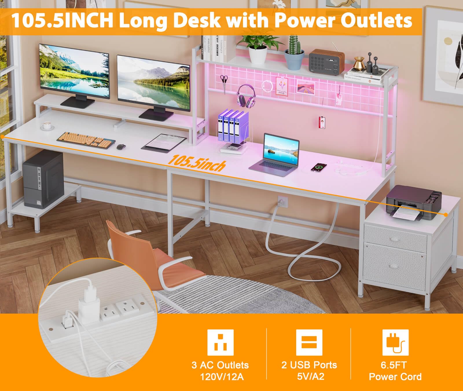 Furologee White L Shaped Gaming Desk with LED Strips and Power Outlets, 64" Reversible L Computer Office Desk with Pegboard and Fabric File Drawer, Coner Desk with Monitor Stand and Hutch