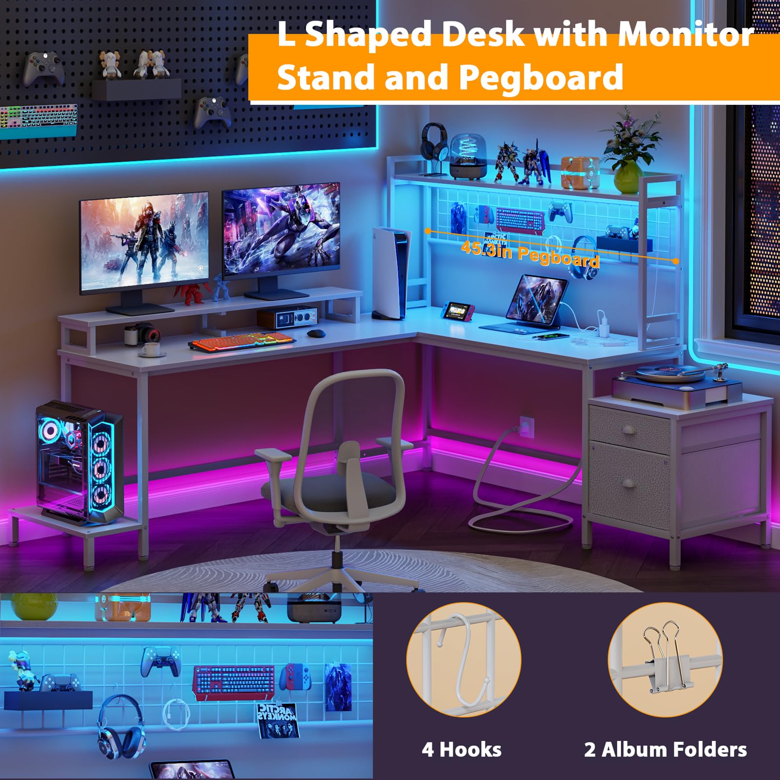 Furologee White L Shaped Gaming Desk with LED Strips and Power Outlets, 64" Reversible L Computer Office Desk with Pegboard and Fabric File Drawer, Coner Desk with Monitor Stand and Hutch