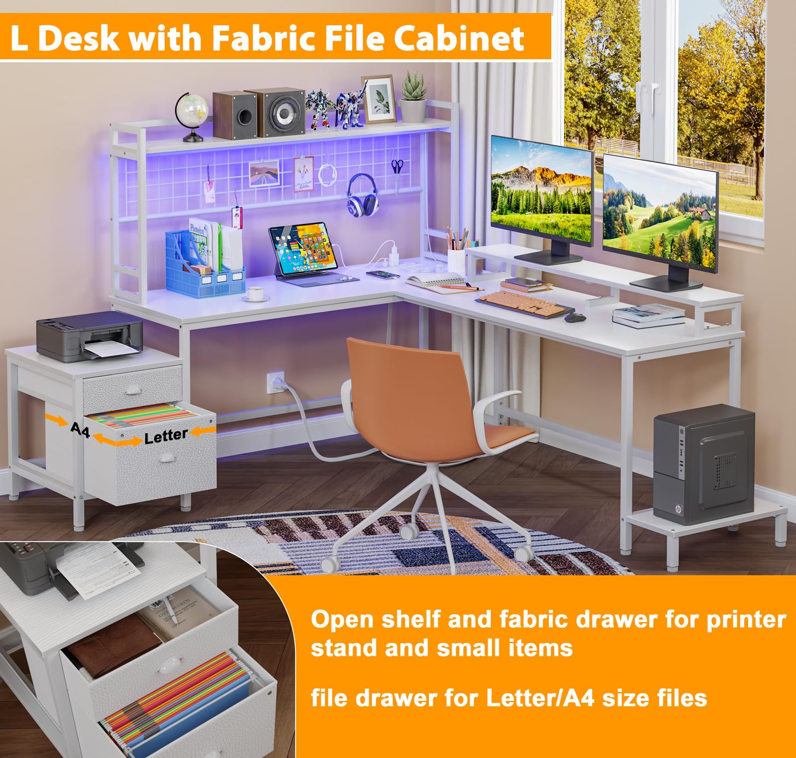 Furologee White L Shaped Gaming Desk with LED Strips and Power Outlets, 64" Reversible L Computer Office Desk with Pegboard and Fabric File Drawer, Coner Desk with Monitor Stand and Hutch