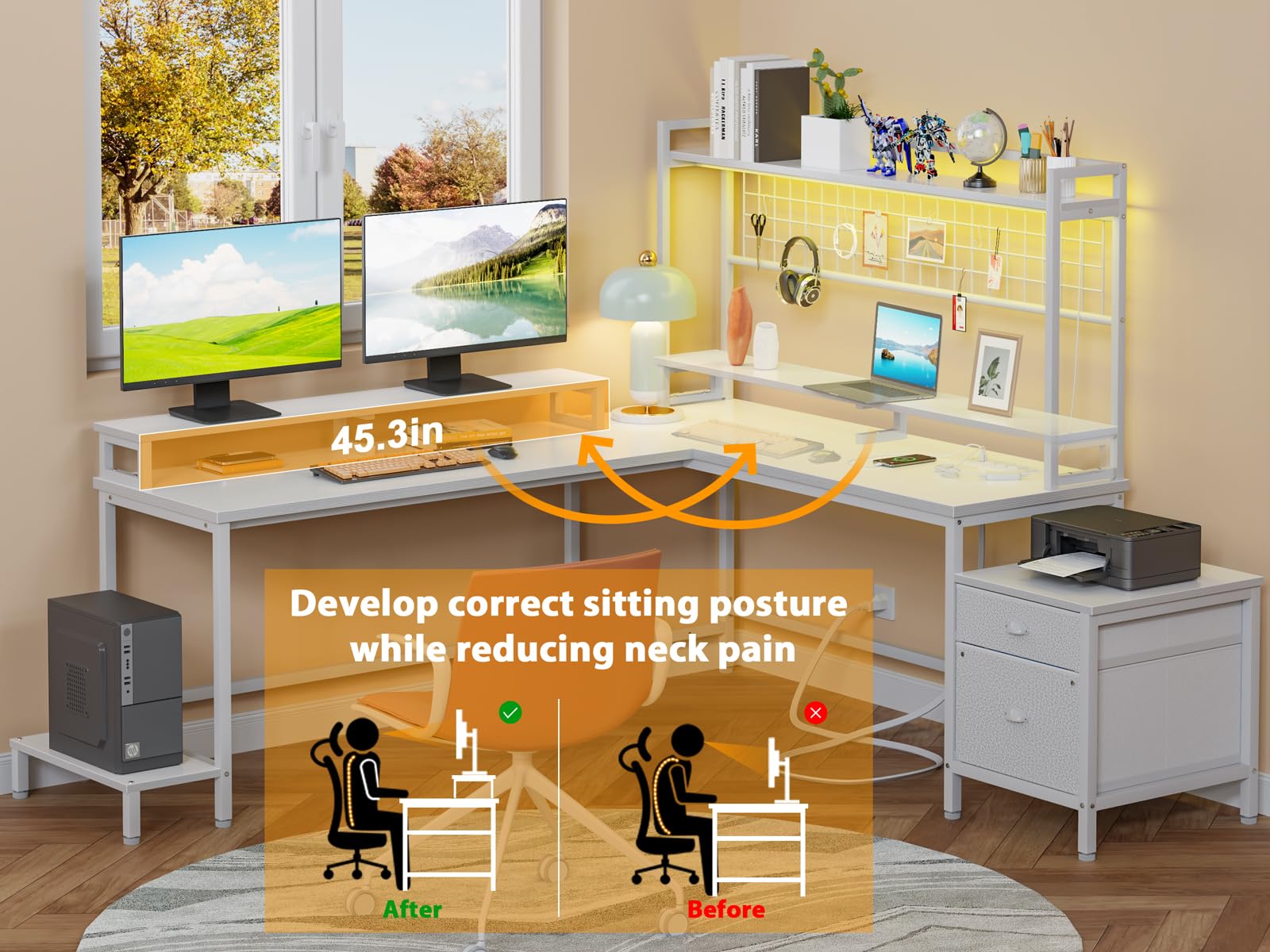 Furologee White L Shaped Gaming Desk with LED Strips and Power Outlets, 64" Reversible L Computer Office Desk with Pegboard and Fabric File Drawer, Coner Desk with Monitor Stand and Hutch