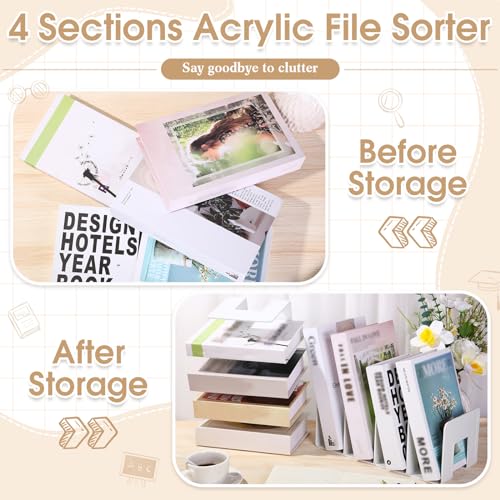 Jetec 4 Pcs Acrylic File Organizer Desk 4 Sections File Sorter Envelope Vertical Acrylic File Holder Book Paper Storage Divider for Office Supplies (White)