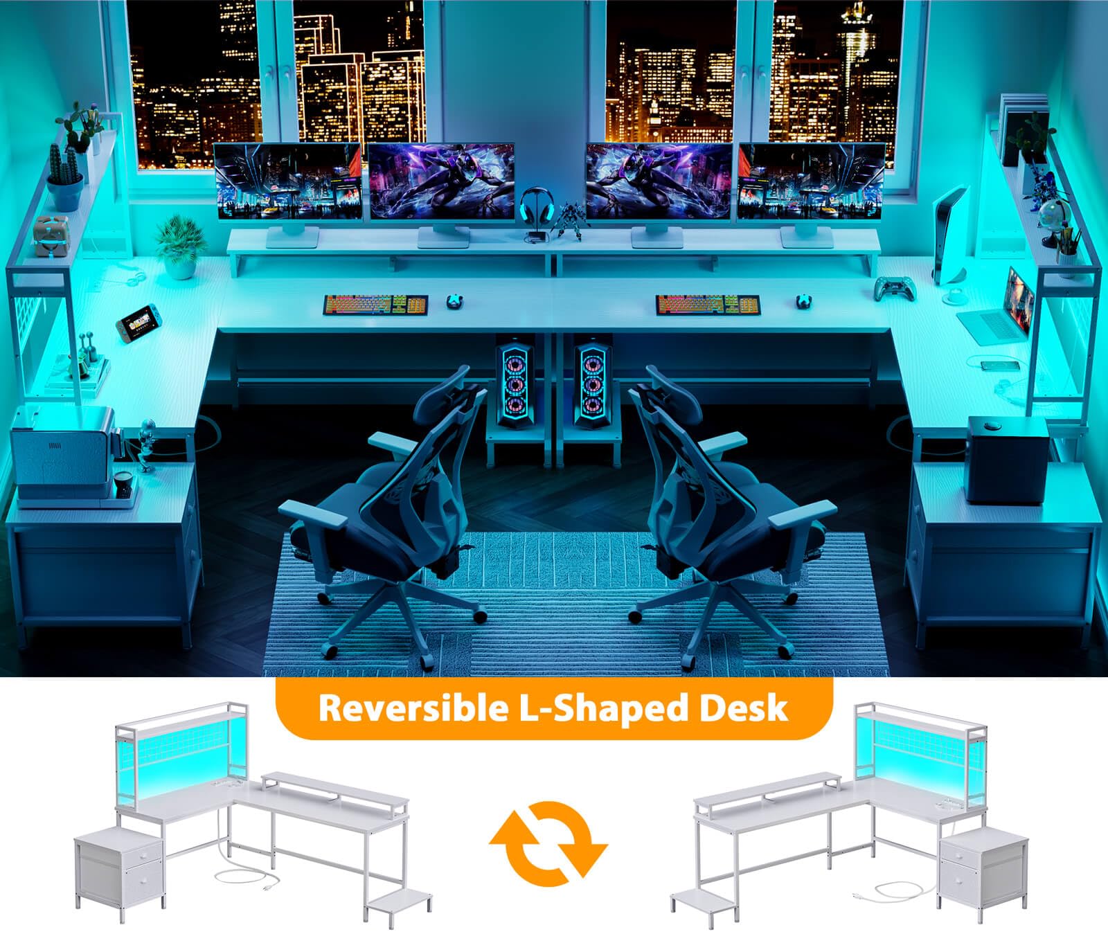 Furologee White L Shaped Gaming Desk with LED Strips and Power Outlets, 64" Reversible L Computer Office Desk with Pegboard and Fabric File Drawer, Coner Desk with Monitor Stand and Hutch