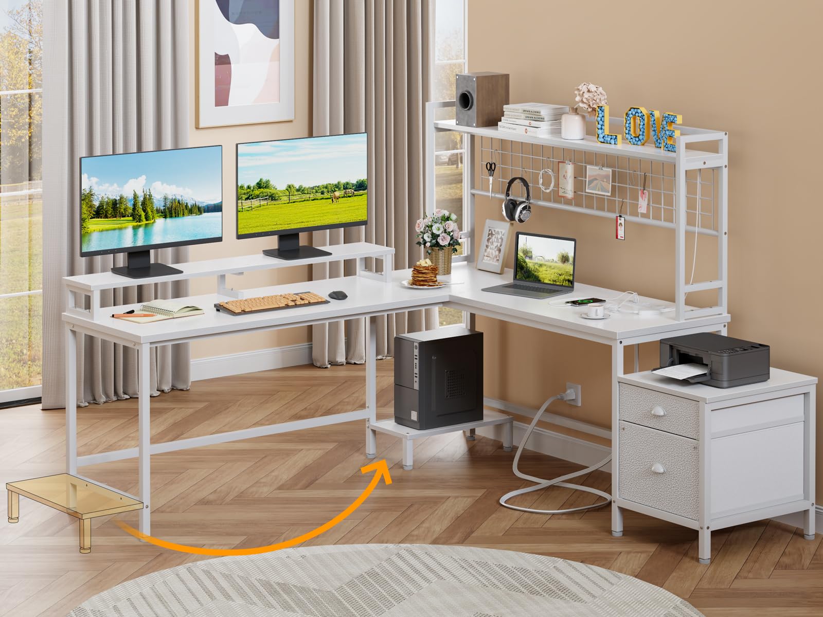 Furologee White L Shaped Gaming Desk with LED Strips and Power Outlets, 64" Reversible L Computer Office Desk with Pegboard and Fabric File Drawer, Coner Desk with Monitor Stand and Hutch