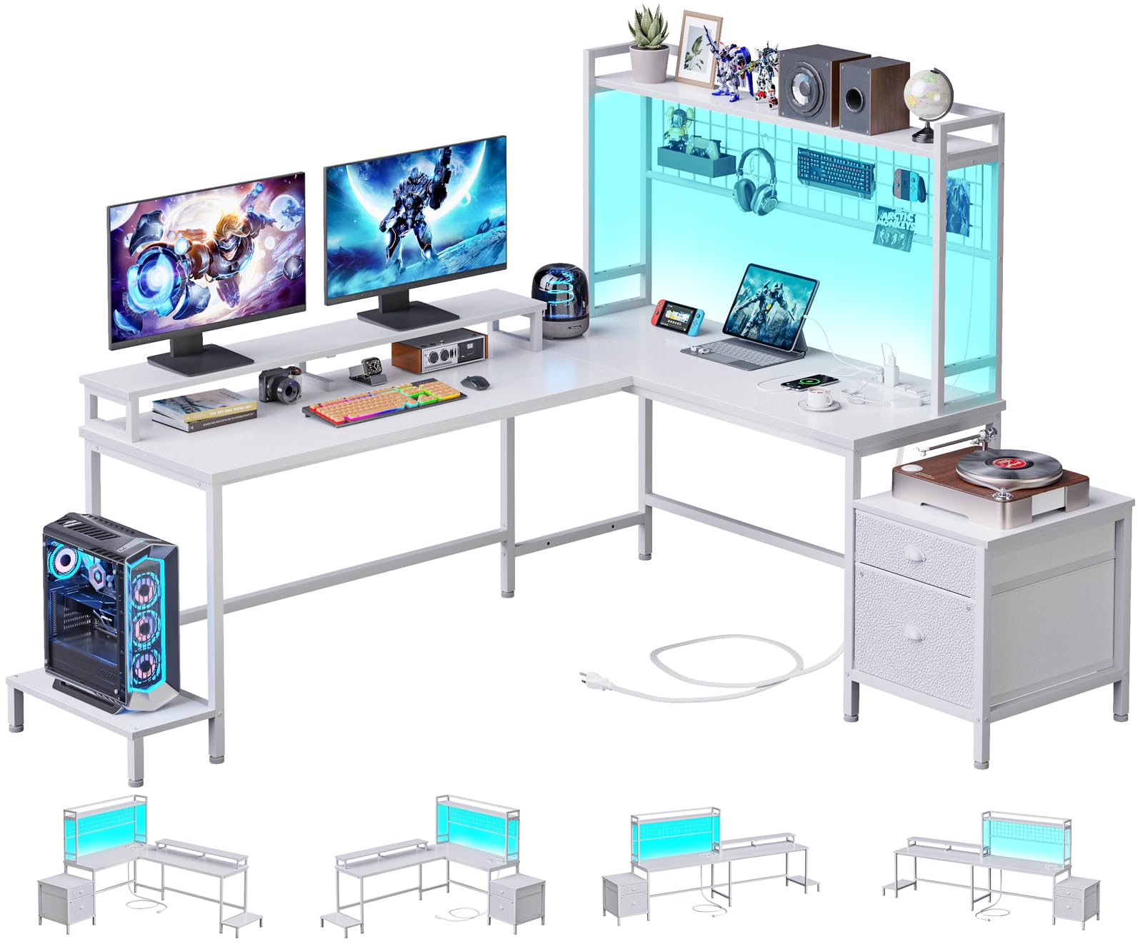 Furologee White L Shaped Gaming Desk with LED Strips and Power Outlets, 64" Reversible L Computer Office Desk with Pegboard and Fabric File Drawer, Coner Desk with Monitor Stand and Hutch