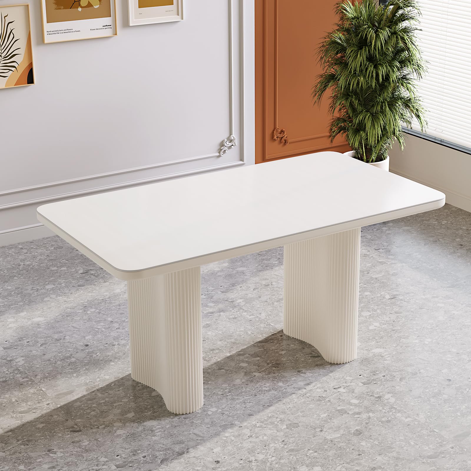 QEZEOM 55.27" Dining Table for 4-6, Modern Rectangular Kitchen Table with Wavy Design Legs, Home Office, Living Room Furniture, Easy to Assemble, White