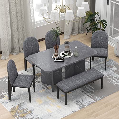 Prohon 6-Piece Set with Faux Marble Table and 4 Upholstered Dining Chairs & 1 Bench, Modern Style Furniture for Small Space, Kitchen, Living Room, Breakfast Nook, Gray