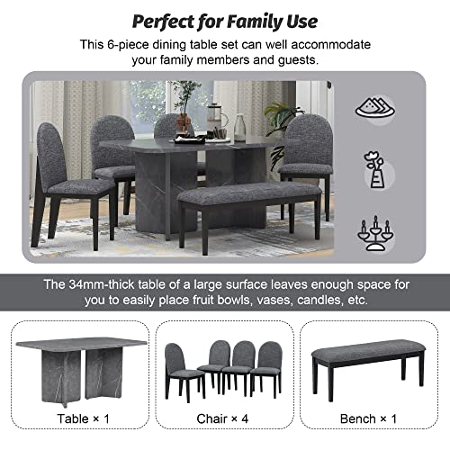 Prohon 6-Piece Set with Faux Marble Table and 4 Upholstered Dining Chairs & 1 Bench, Modern Style Furniture for Small Space, Kitchen, Living Room, Breakfast Nook, Gray