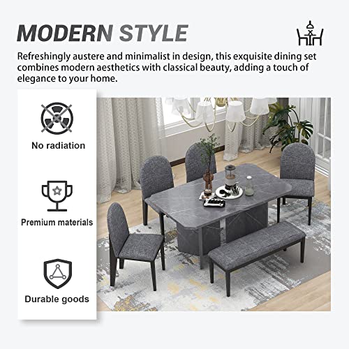 Prohon 6-Piece Set with Faux Marble Table and 4 Upholstered Dining Chairs & 1 Bench, Modern Style Furniture for Small Space, Kitchen, Living Room, Breakfast Nook, Gray