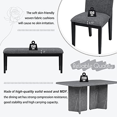 Prohon 6-Piece Set with Faux Marble Table and 4 Upholstered Dining Chairs & 1 Bench, Modern Style Furniture for Small Space, Kitchen, Living Room, Breakfast Nook, Gray