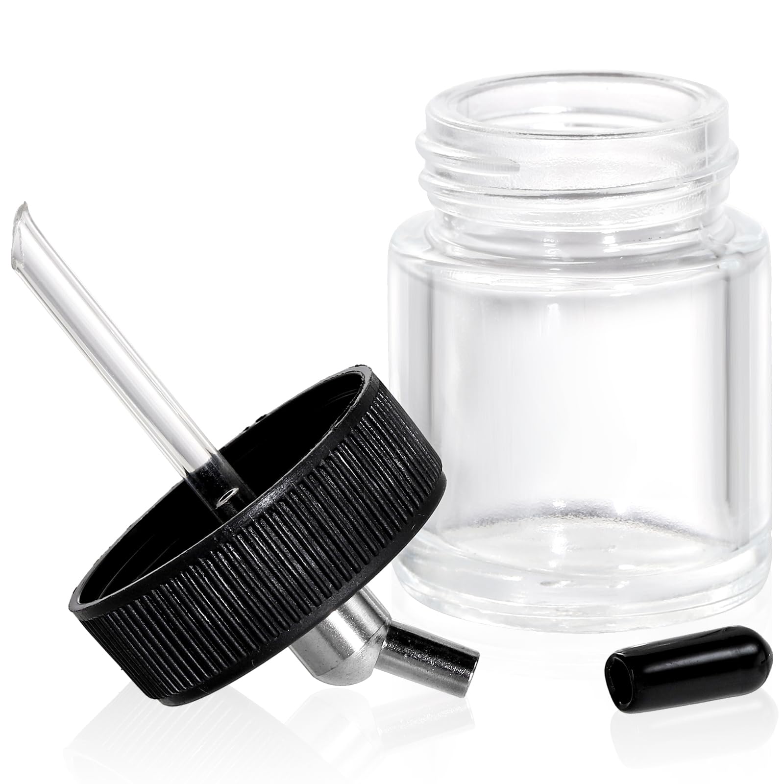 Goaste 10 Pack Glass Airbrush Bottles Kit, 22cc Empty Airbrush Jars, Transparent Airbrush Paint Storage Pot with 10pcs Cap Covers, 30° Down Angle Adaptor Lids, Fits Dual-Action Siphon Feed Airbrushes
