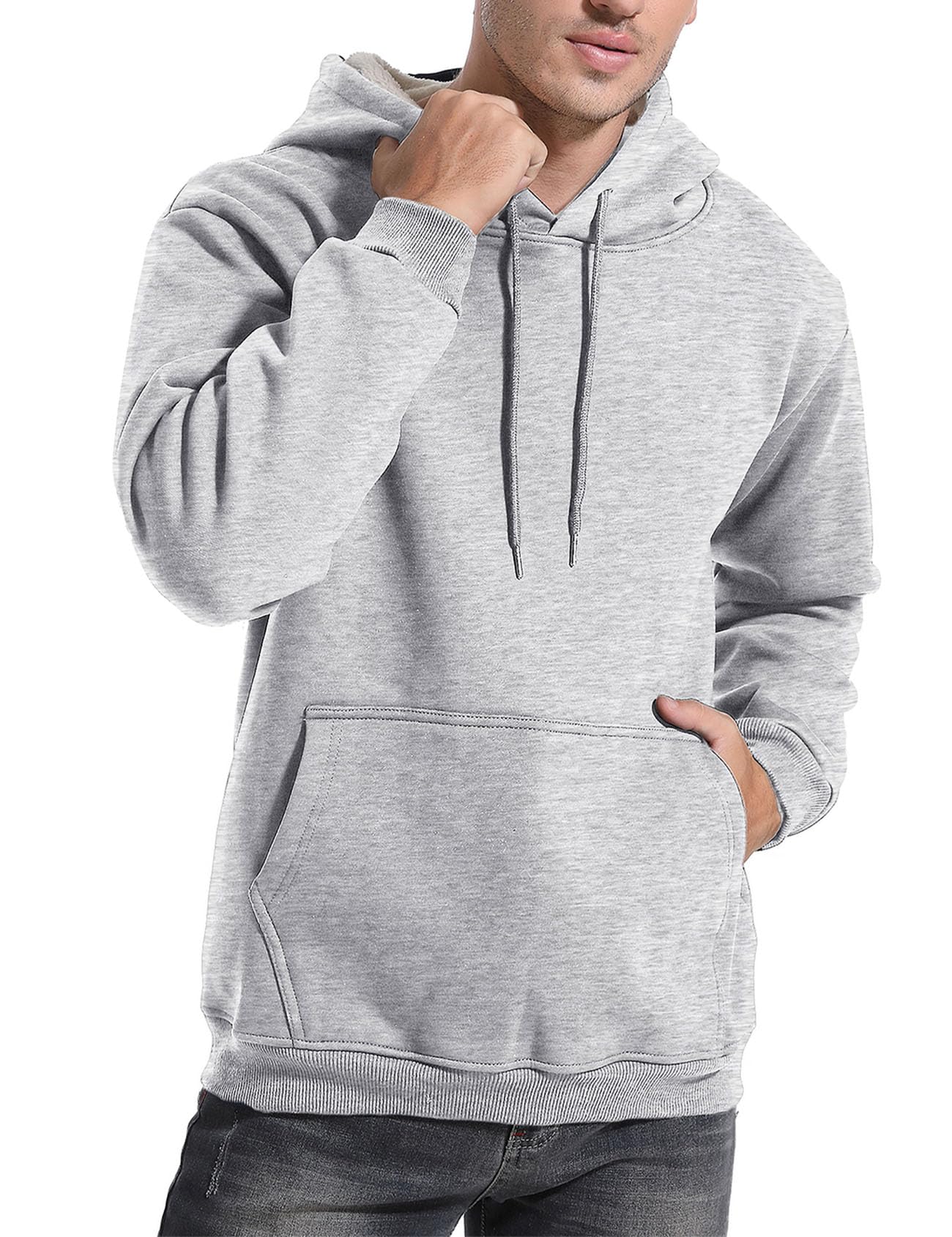 Flygo Men's Casual Fleece Sherpa Lined Hoodie Winter Warm Pullover Hooded Sweatshirt(Grey-XXL)