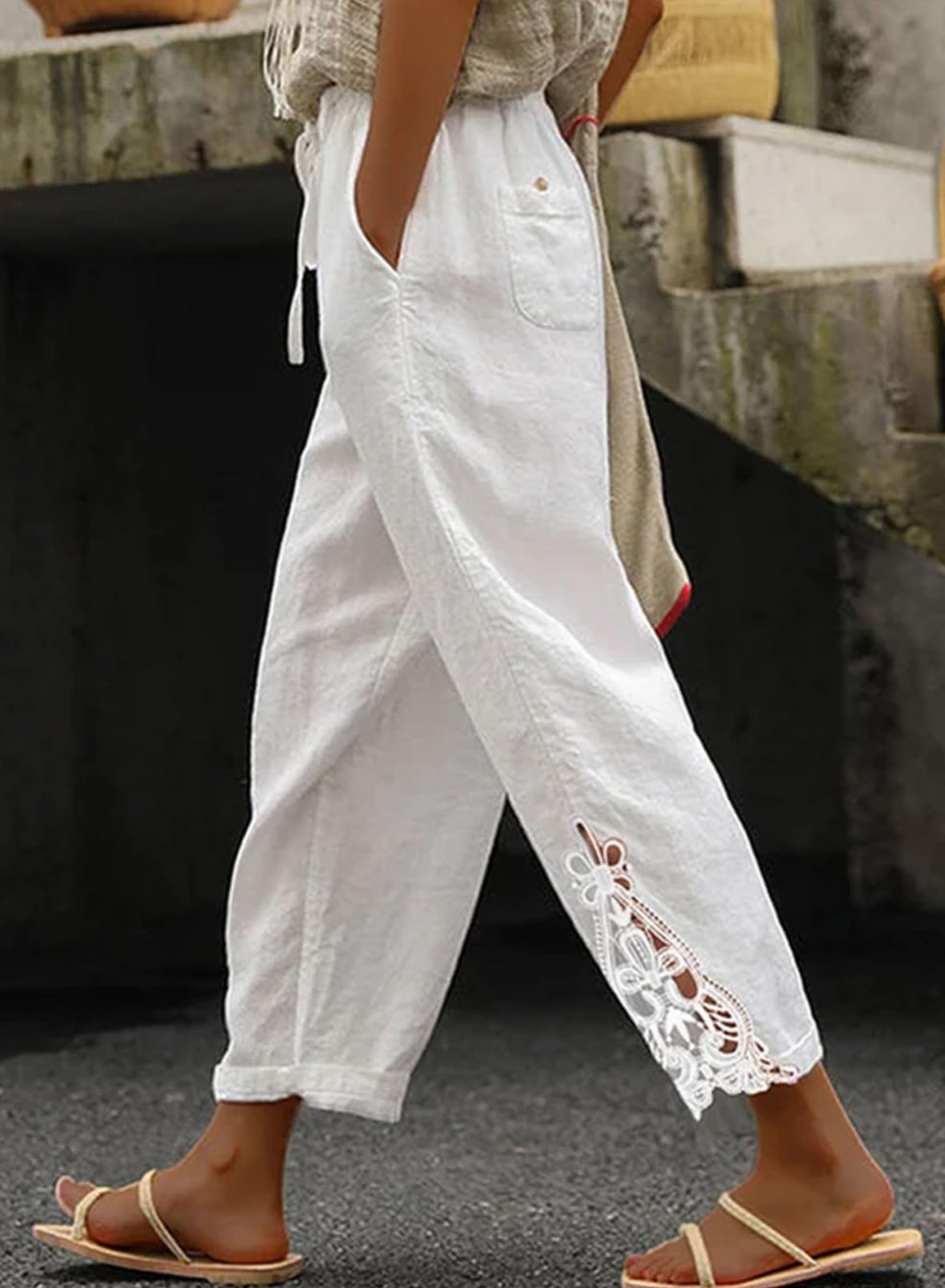 Acelitt Women Casual Linen Pants Lightweight Drawstring Elastic Waist Fall Fashion 2025 Beach Capri Pants Trousers White Large