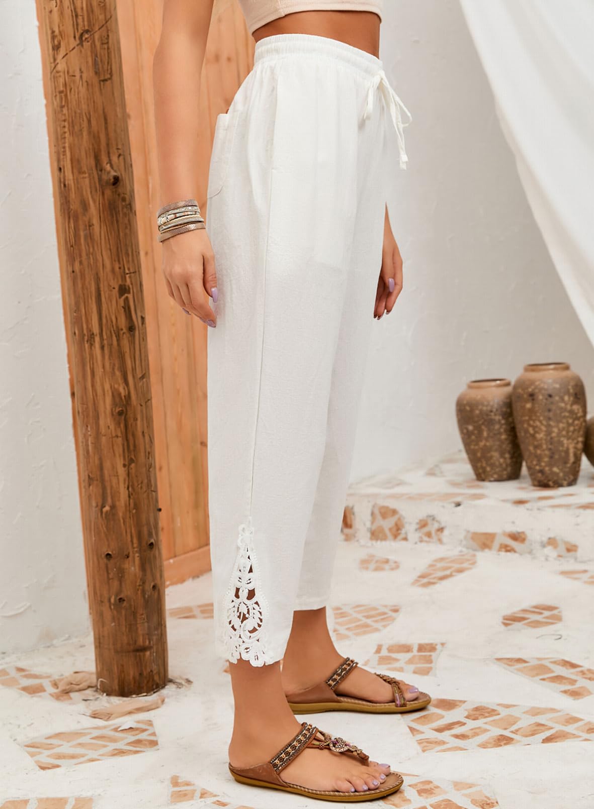 Acelitt Women Casual Linen Pants Lightweight Drawstring Elastic Waist Fall Fashion 2025 Beach Capri Pants Trousers White Large