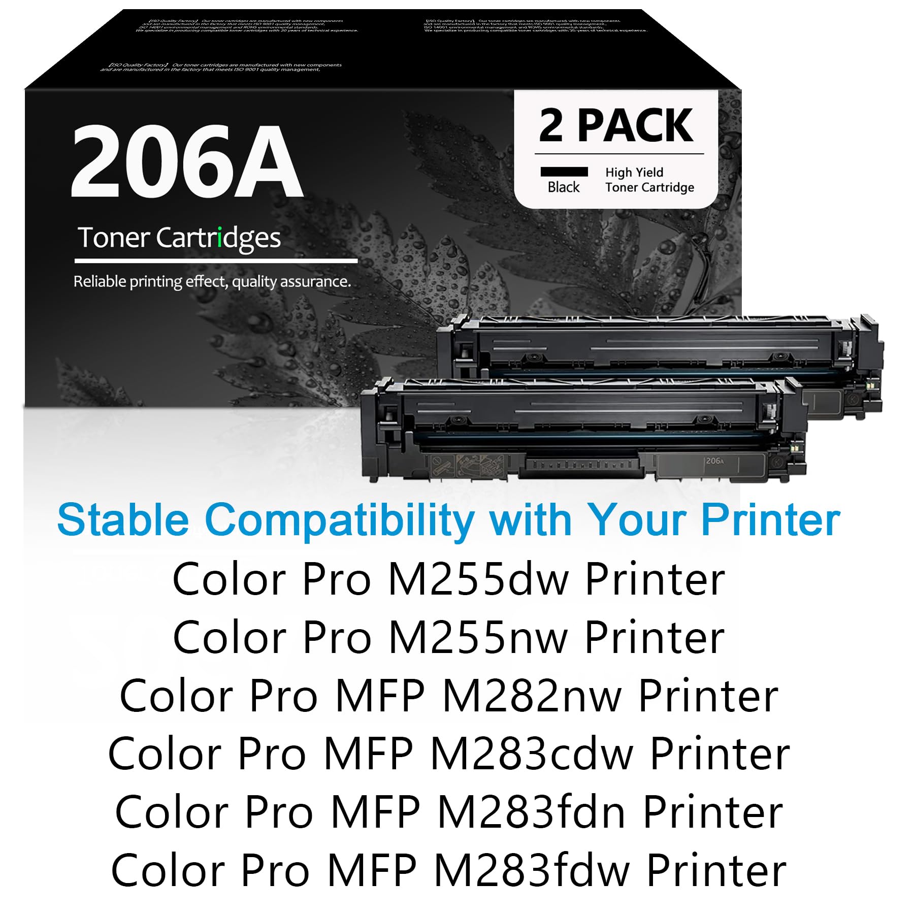 206A Black Toner Cartridges 2-Pack (with Chip) : Replacement for HP 206A W2110A 206X W2110X Works for Color Laserjet Pro MFP M283cdw M283fdw M283fdn M282nw Pro M255dw M255nw Printer Ink